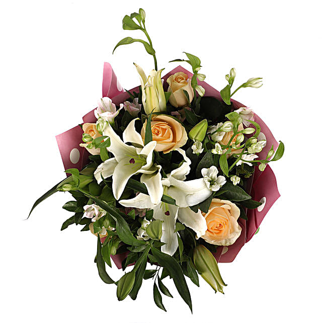 Blushing Love- Peach & White Flower Bouquet | Gift Bunch of Peach and ...